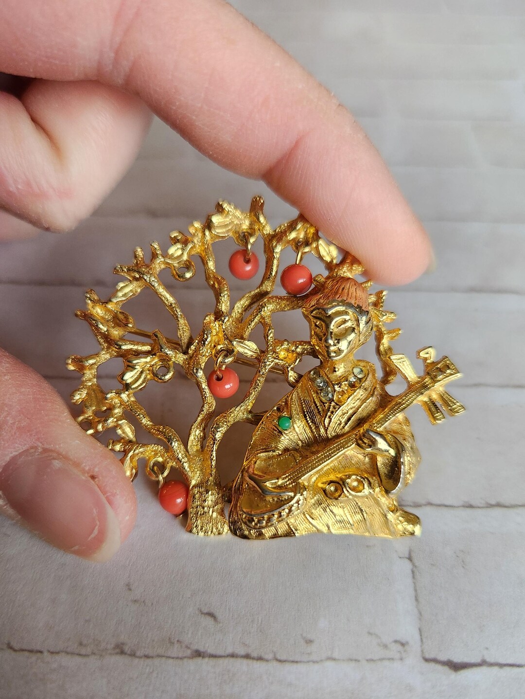 Antique Fruit Tree Woman Asian Themed ART Signed Large 18K Gold Plated ...