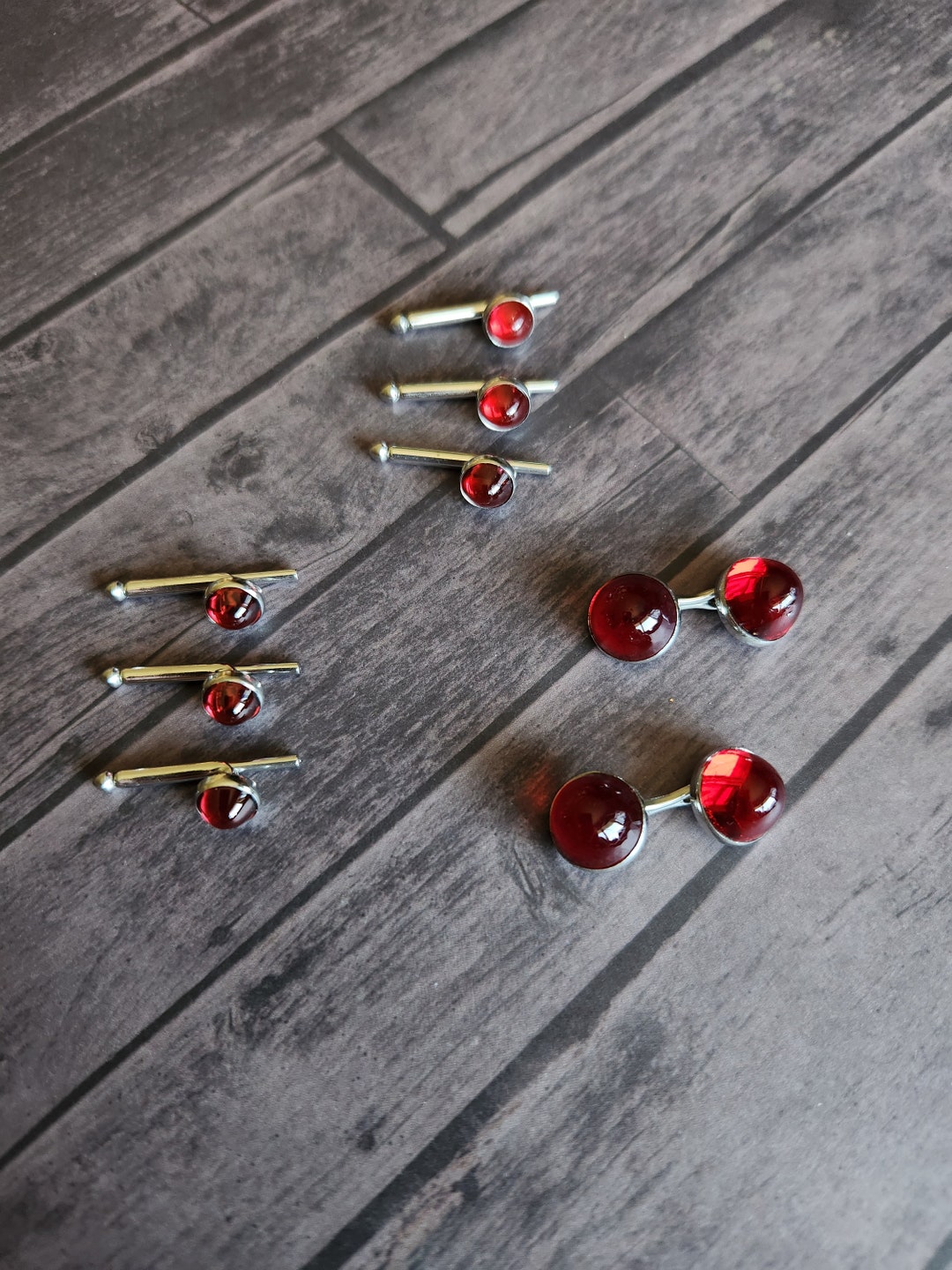 Antique Ruby Red Silver Swank Cuff Links Suit Accessories 8 PC Set ...