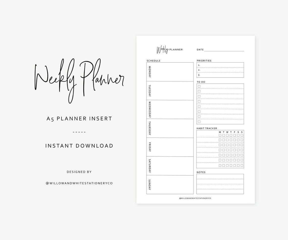 A5 Weekly Planner Insert Printable Planner, Planner Inserts, Instant ...