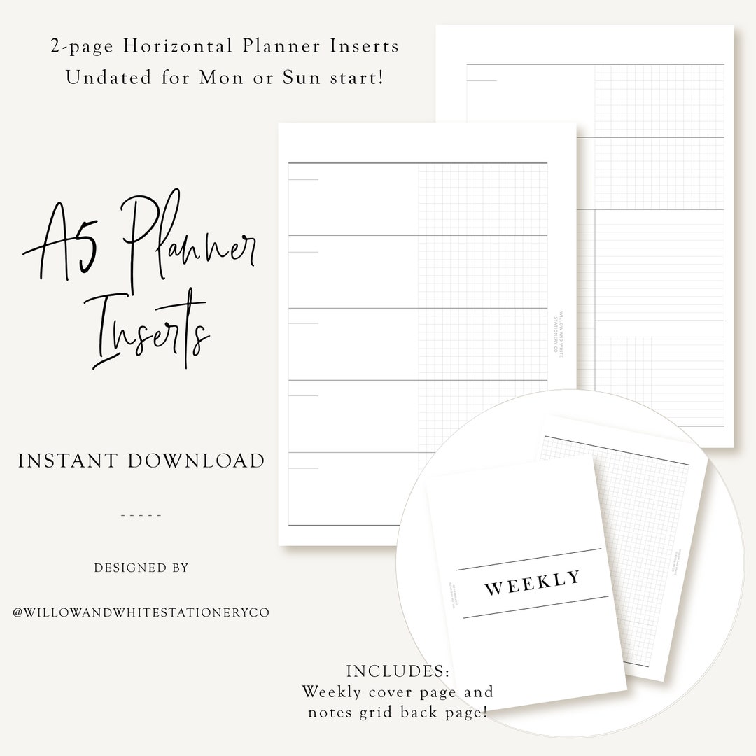 Printable A5 Minimal Weekly Planner Inserts - Week on 2 Pages ...