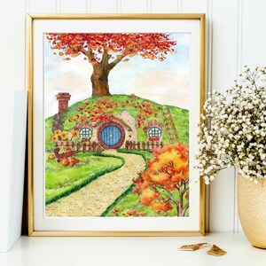 Digital Download Watercolor Hobbit Hole in Fall, Lord of the Rings ...
