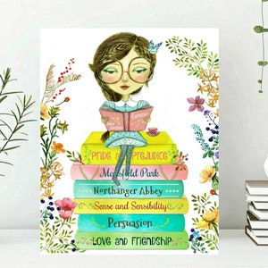 Watercolor Bookworm Reading While Sitting on Top of Books, Custom ...