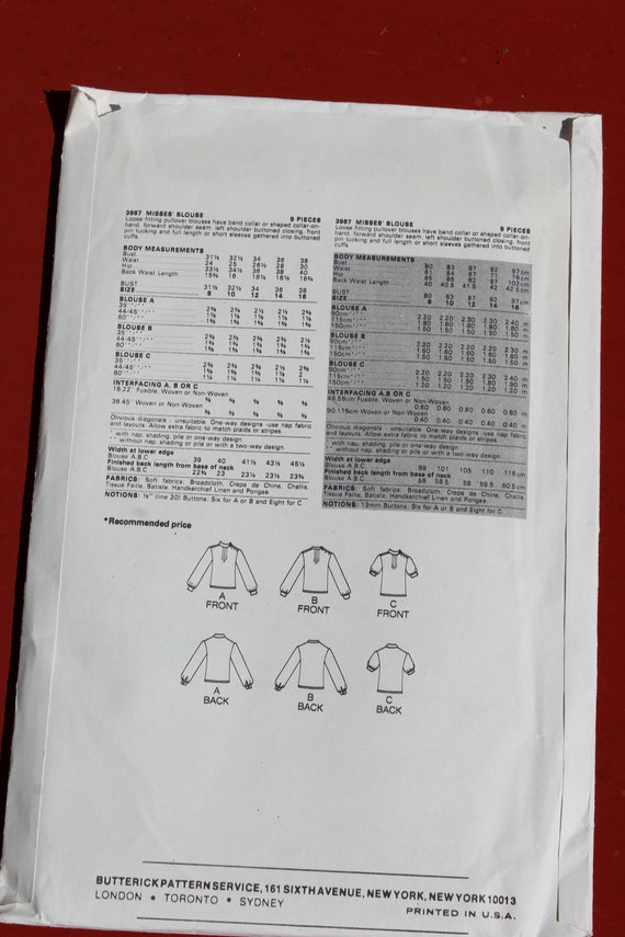 Sewing never used! Butterick 3967 Vintage 1980's Blouse Pattern Kits ...