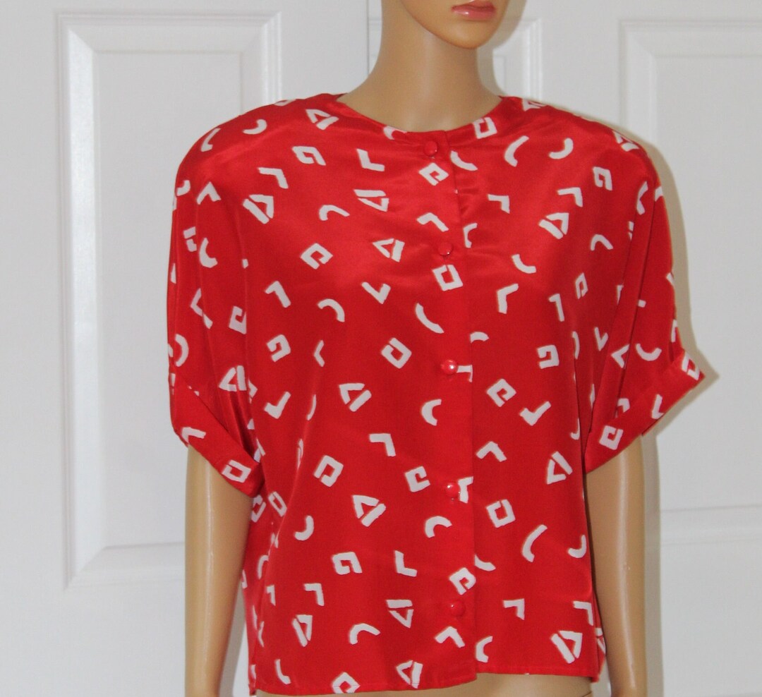 SZ. M/L, Red and White Andrea Gayle Abstract Print Top, Vintage 1980's ...