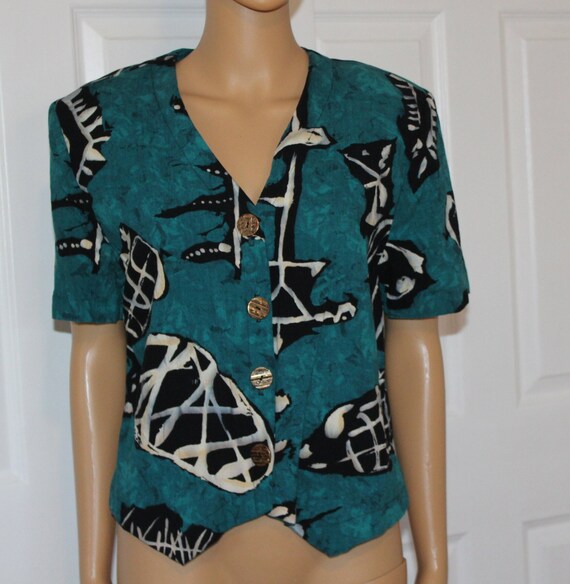 Sz. S, 1980's Graphic Top, Sharon Anthony, Essay labe… - Gem