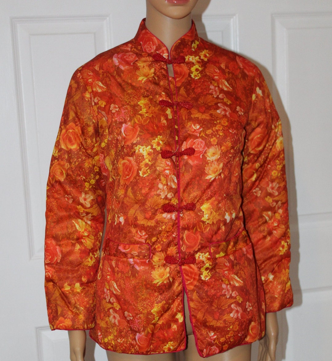 Sz. S, Asian Quilted Jacket in Orange Floral Fabric, and Frog Closures ...
