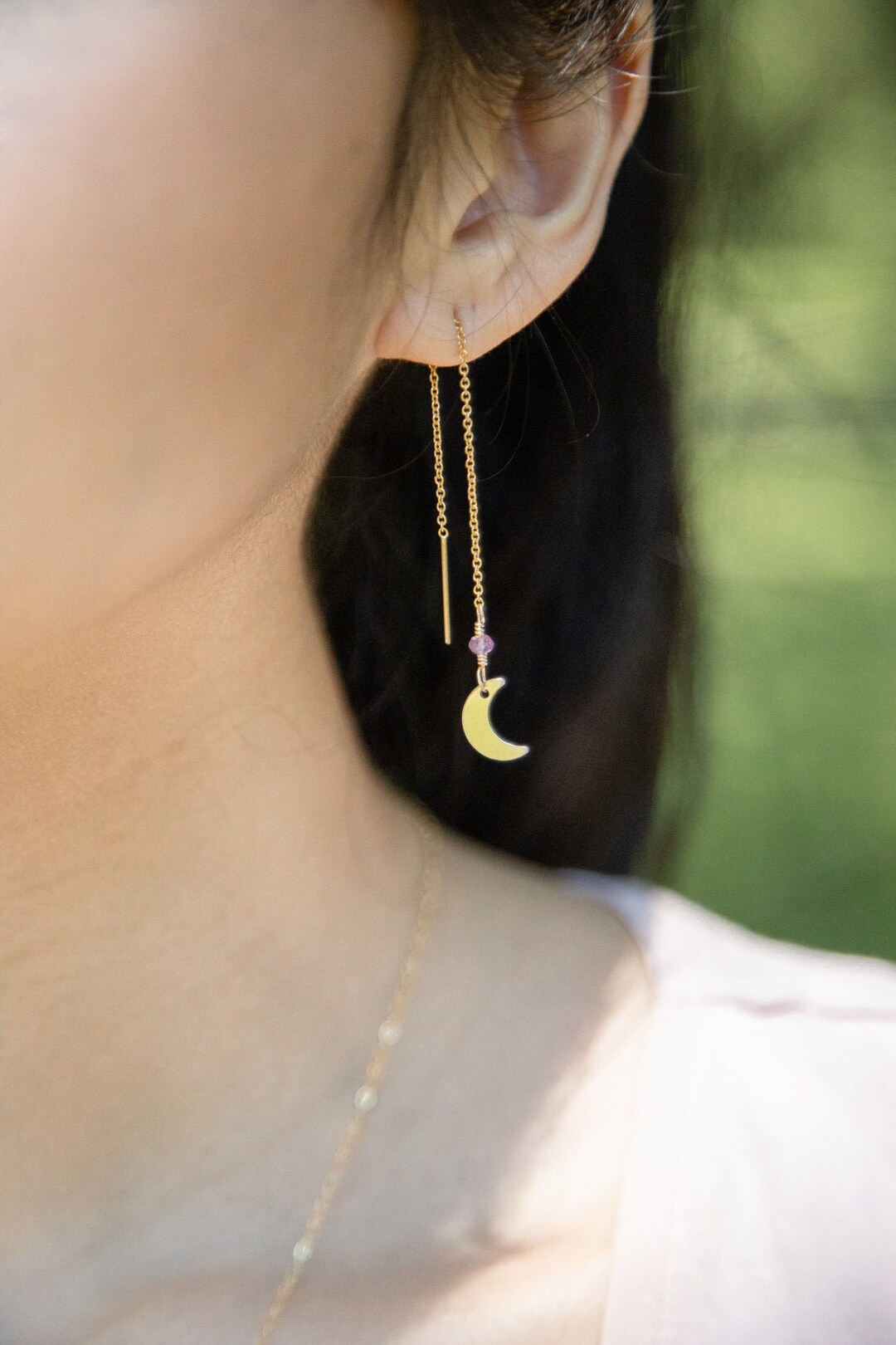 Pink Crescent Moon Threader Earrings - Dainty - Feminine - Gold Filled - Sterling Silver ...