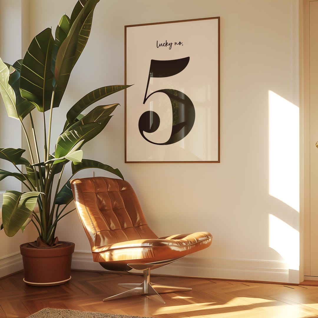Lucky Number 5 Art Print: Modern Black & White Typography (digital ...