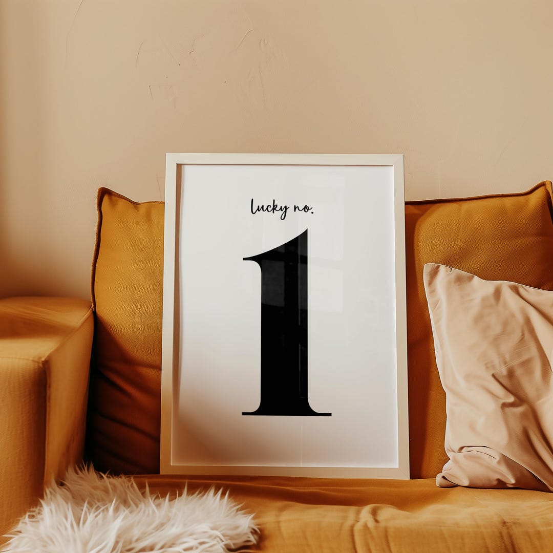 Lucky Number 1 Print: Modern Black and White Typography (digital ...