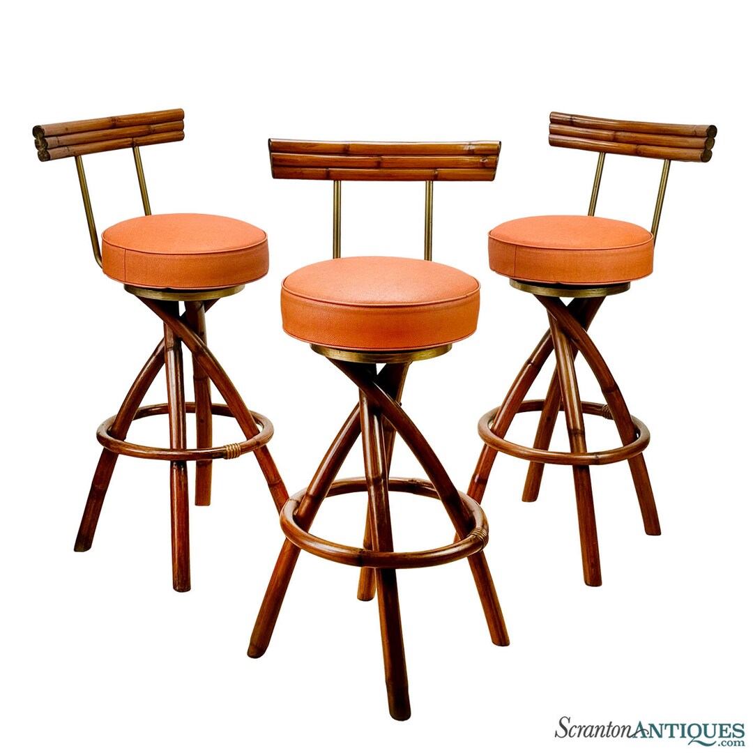 Mid-century Coastal Rattan Sculptural Tiki Bar Stools by Paul Frankl ...