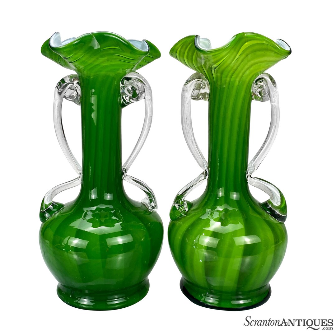 Mid-century Atomic Sculpted Spiraled Green Art Glass Vases - A Pair - Etsy