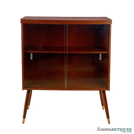 Mid century Atomic Red Mahogany Sliding Glass Door Bookcase Cabinet Etsy