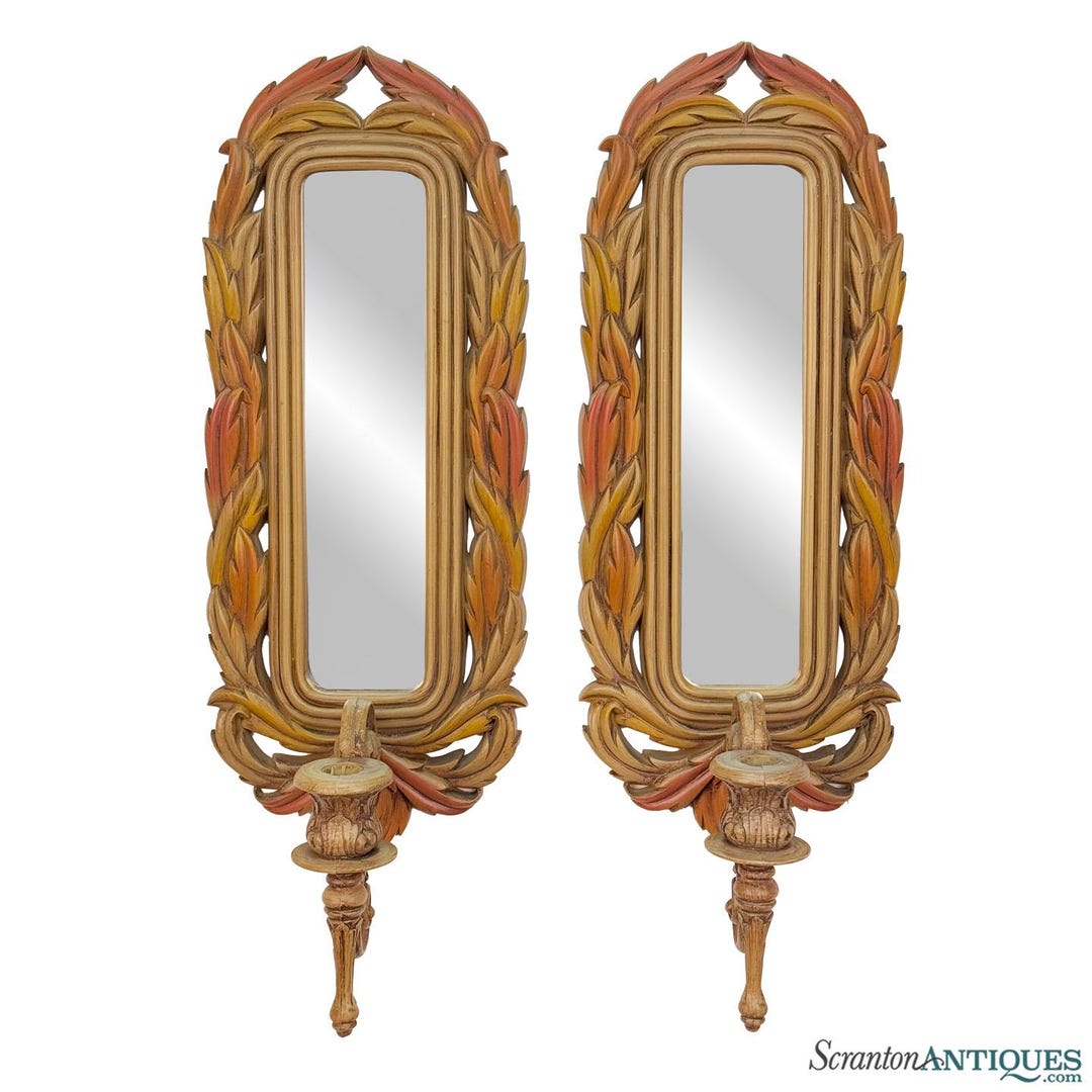 Vintage Rococo Foliage Wreath Mirrored Candlestick Wall Sconce A Pair ...
