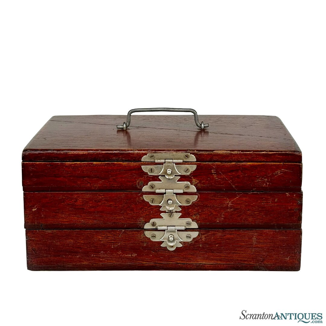 Vintage Traditional Mahogany Triple Hinged Wood Auger Storage Tool Box ...