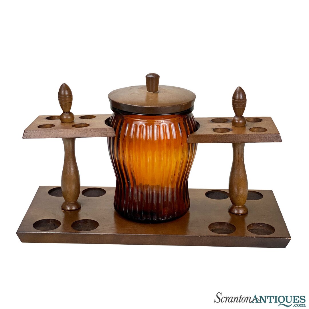 Vintage Traditional Pine Estate Pipe Holder W/ Amber Glass Tobacco ...