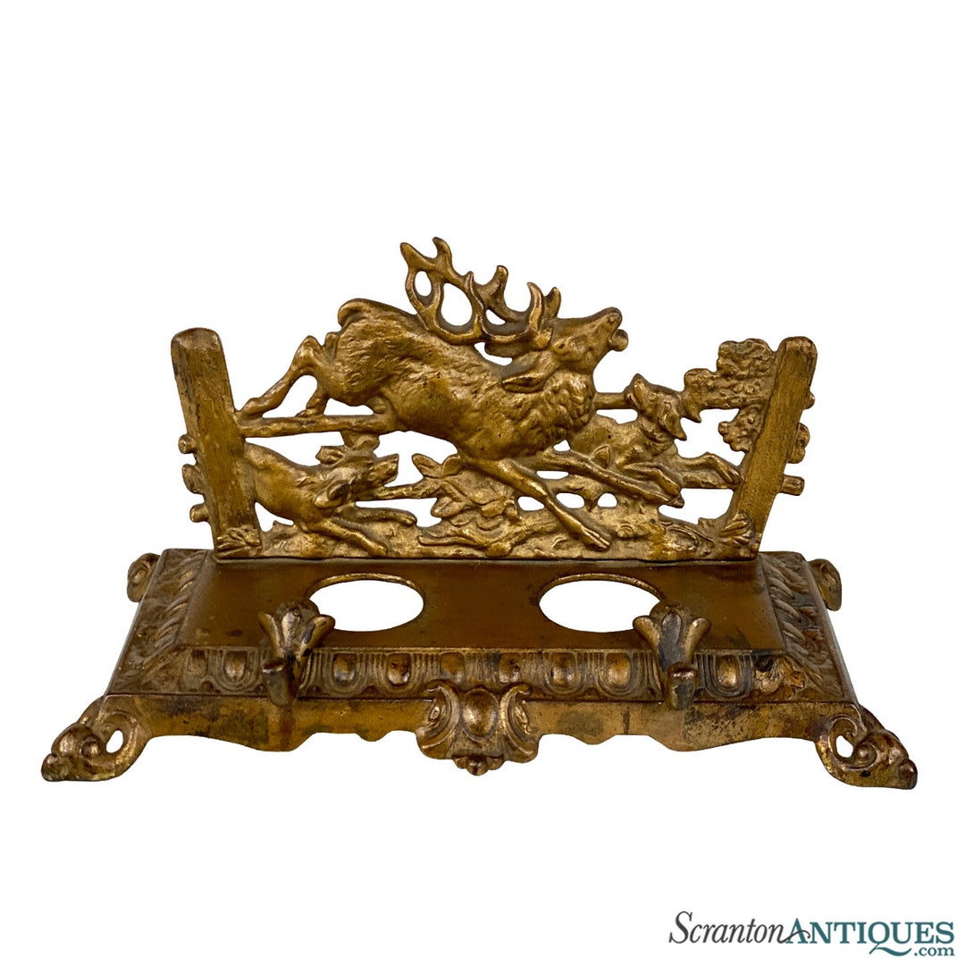 Vintage Traditional Brass Elk Stag Hunting Motif Library Pen Rest ...