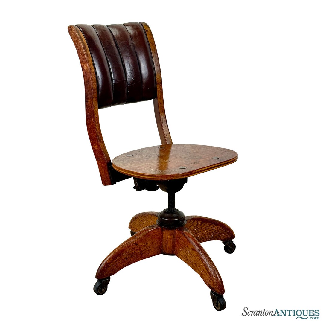 Antique Traditional Oak & Scalloped Leather Swivel Library Desk Chair ...