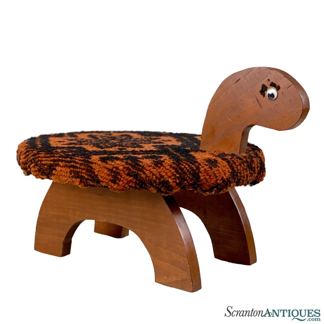 Vintage Boho Orange Argyle Wood Carved Turtle Footstool Ottoman - Etsy
