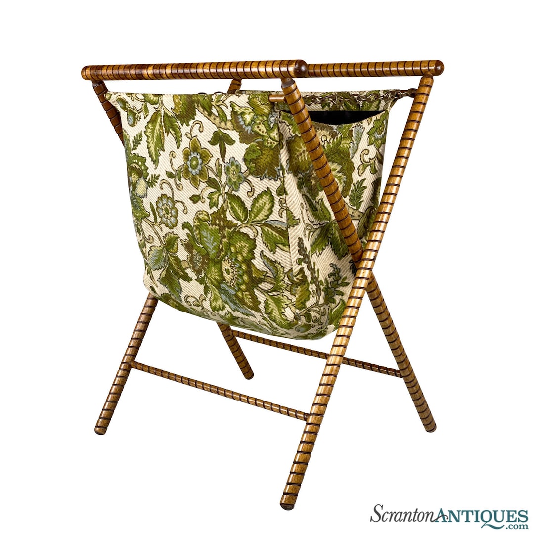 Mid-century Boho Folding Sewing Stand Hamper With Green Foliage - Etsy