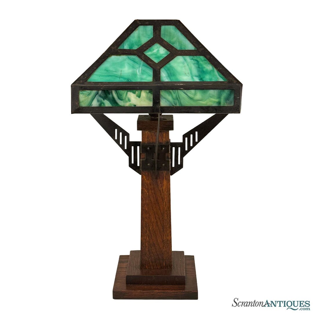 Antique Arts & Crafts Green Slag Glass Oak Prairie School Table Lamp - Etsy