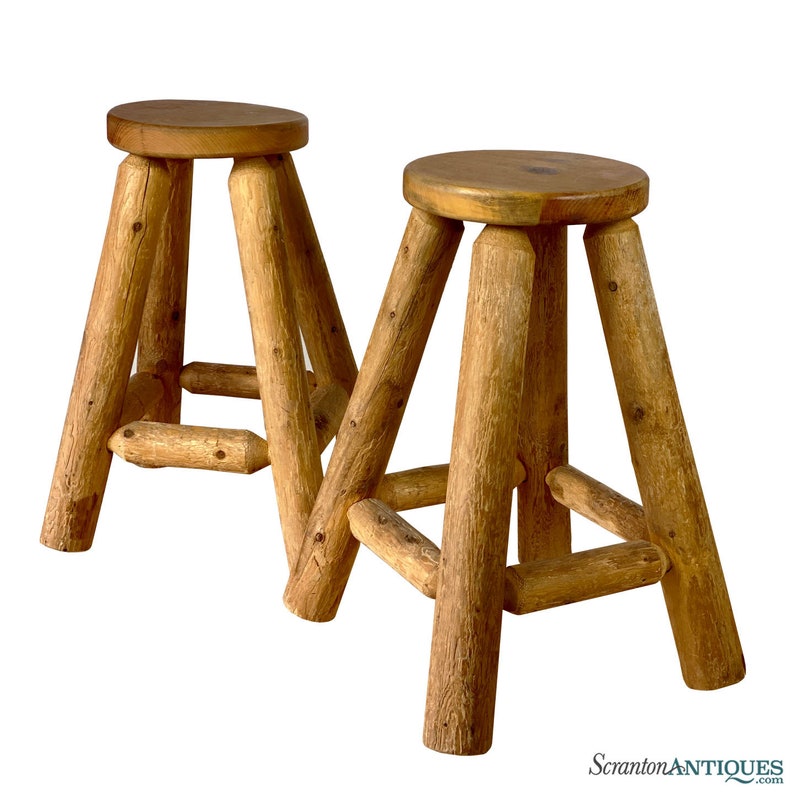 Vintage Farmhouse Log Cabin Timber Live Edge Lodge Bar Stools - A Pair ...
