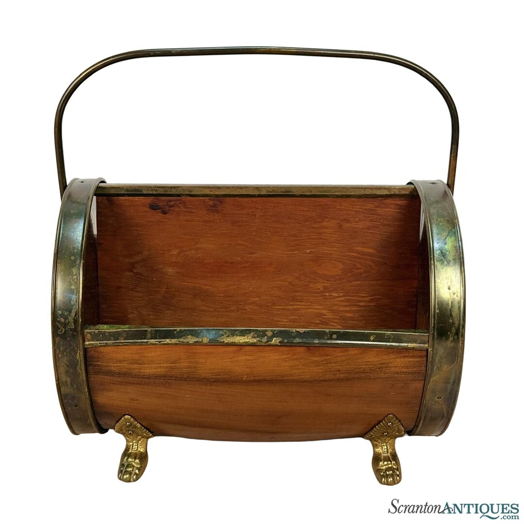 Vintage Wooden Barrel & Copper Magazine Rack Record Stand W/ Lion Paw ...