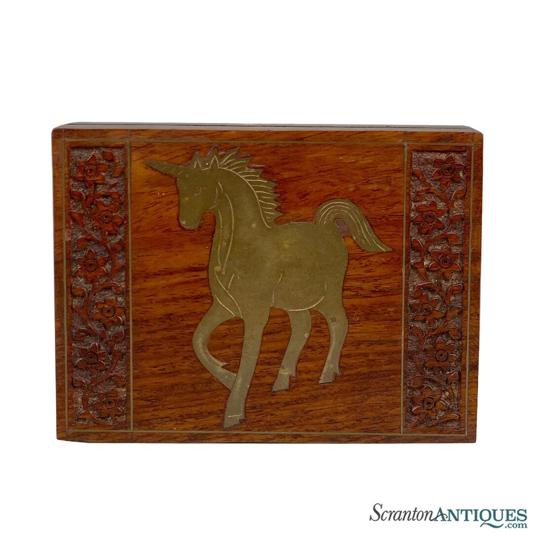 Vintage Traditional Walnut Carved Brass Inlaid Unicorn Horse Storage ...