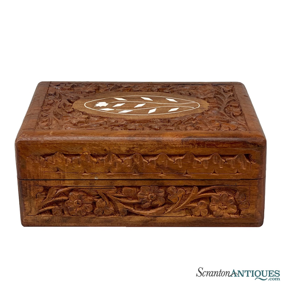 Vintage Traditional Carved Walnut Bone Inlaid Storage Box - Etsy