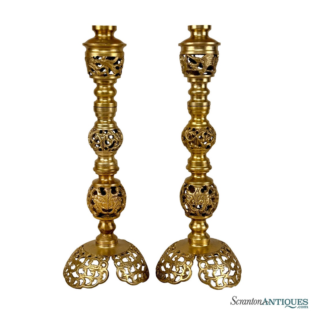 Vintage Large Chinese Brass Dragon Motif Candlestick Holders - A Pair ...