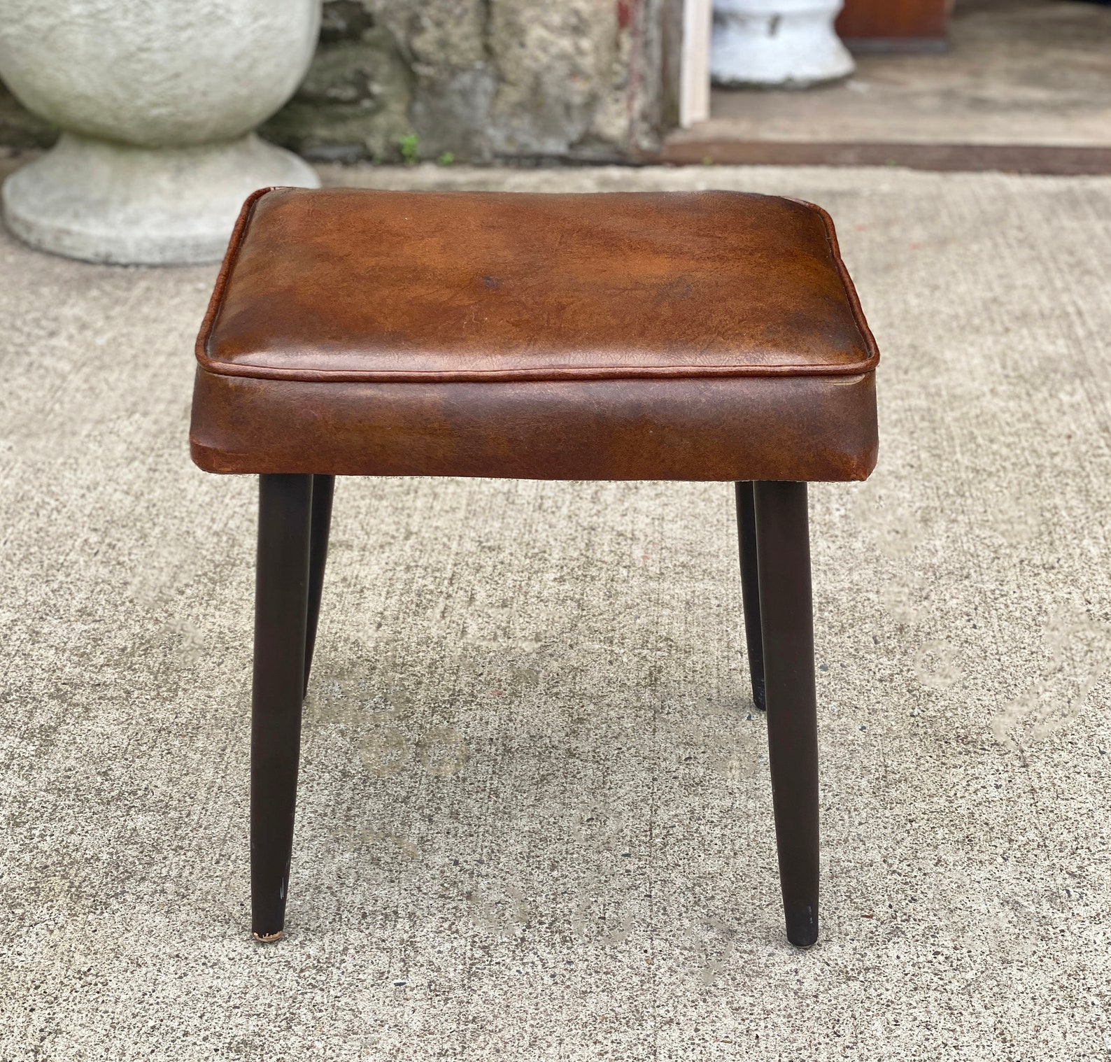 Mid-century Upholstered Brown Vinyl Footstool Ottoman | Etsy