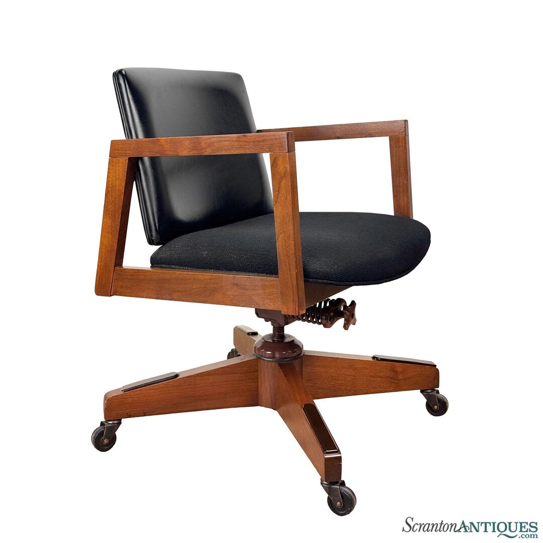 Mid-century Modern Sculpted Walnut & Black Tweed Swivel Desk Chair by ...