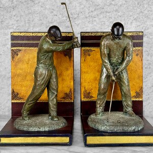Vintage Large Traditional Bronze & Leather Golf Library Bookends A Pair ...