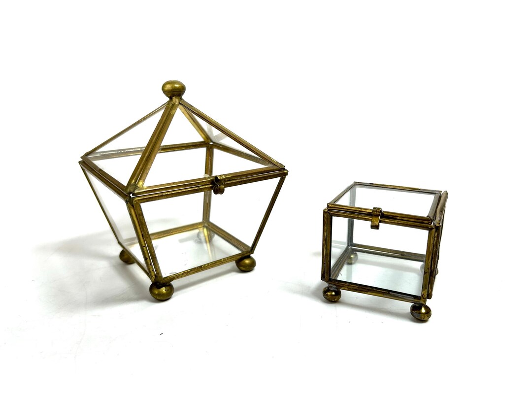 Pair of Vintage Brass Glass Display Case Curio Trinket Jewelry Box Vitrine Miniature Knick Knack ...