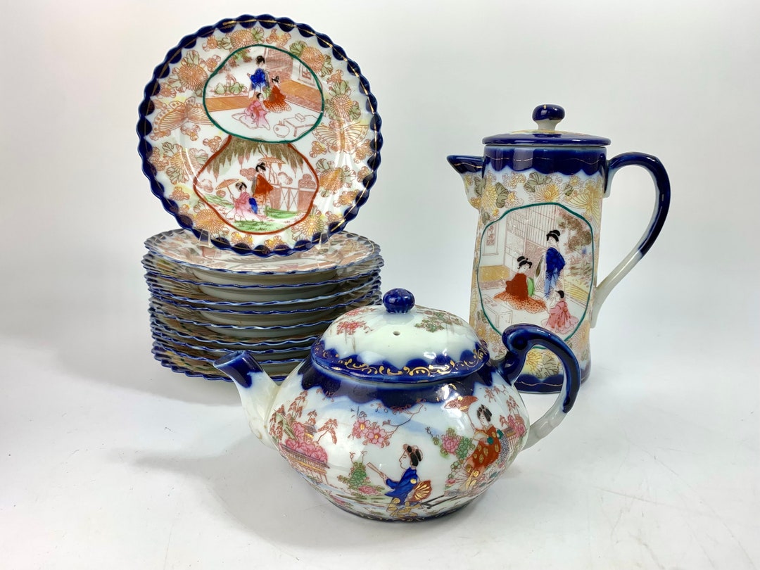 Vintage Blue Geisha Girl Tea Set: Japan Ceramic Porcelain, Hand-painted ...