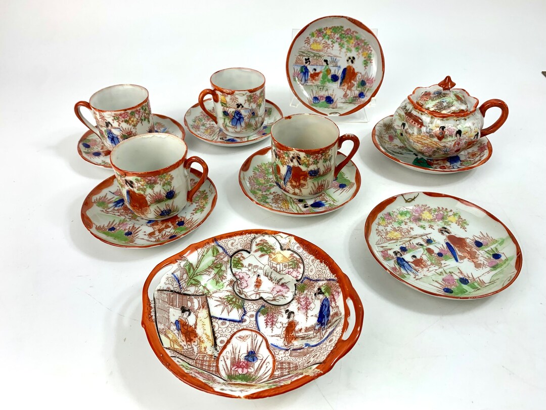 Red Geisha Girl Japan Tea Set Teacup Saucer Sugar Bowl Dish Plate ...