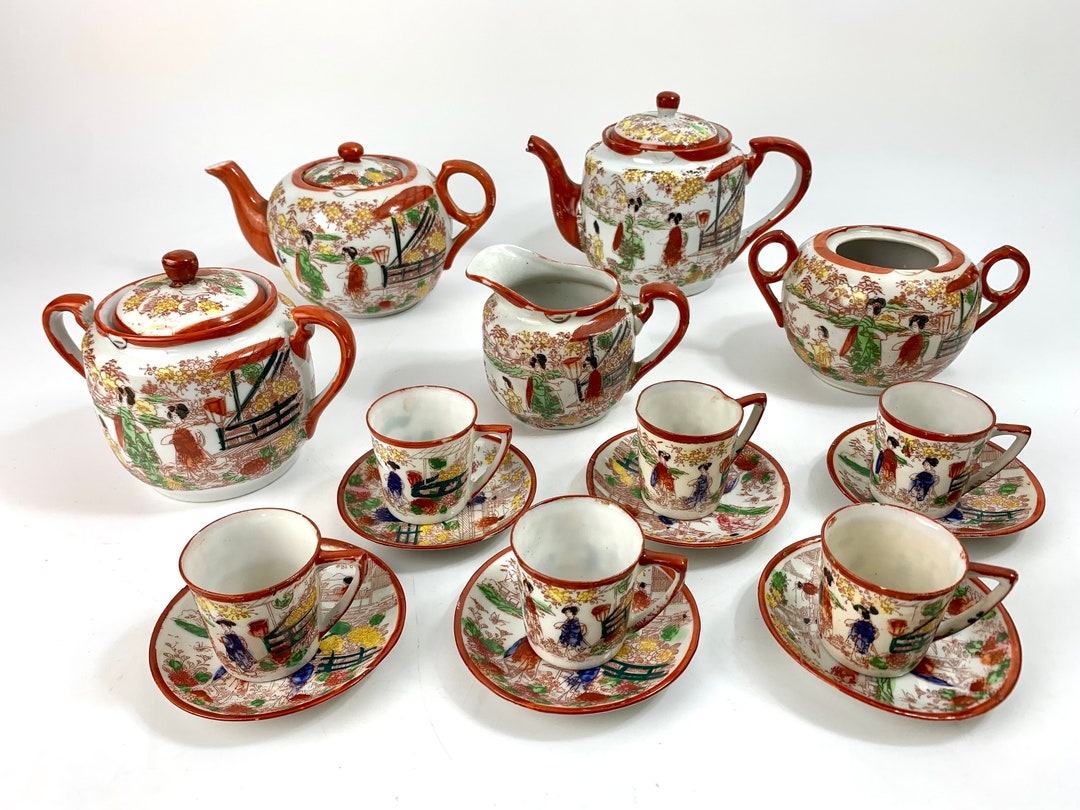 17-piece Red Geisha Girl Tea Set Pot Teacups Saucer Sugar Bowl Japan ...