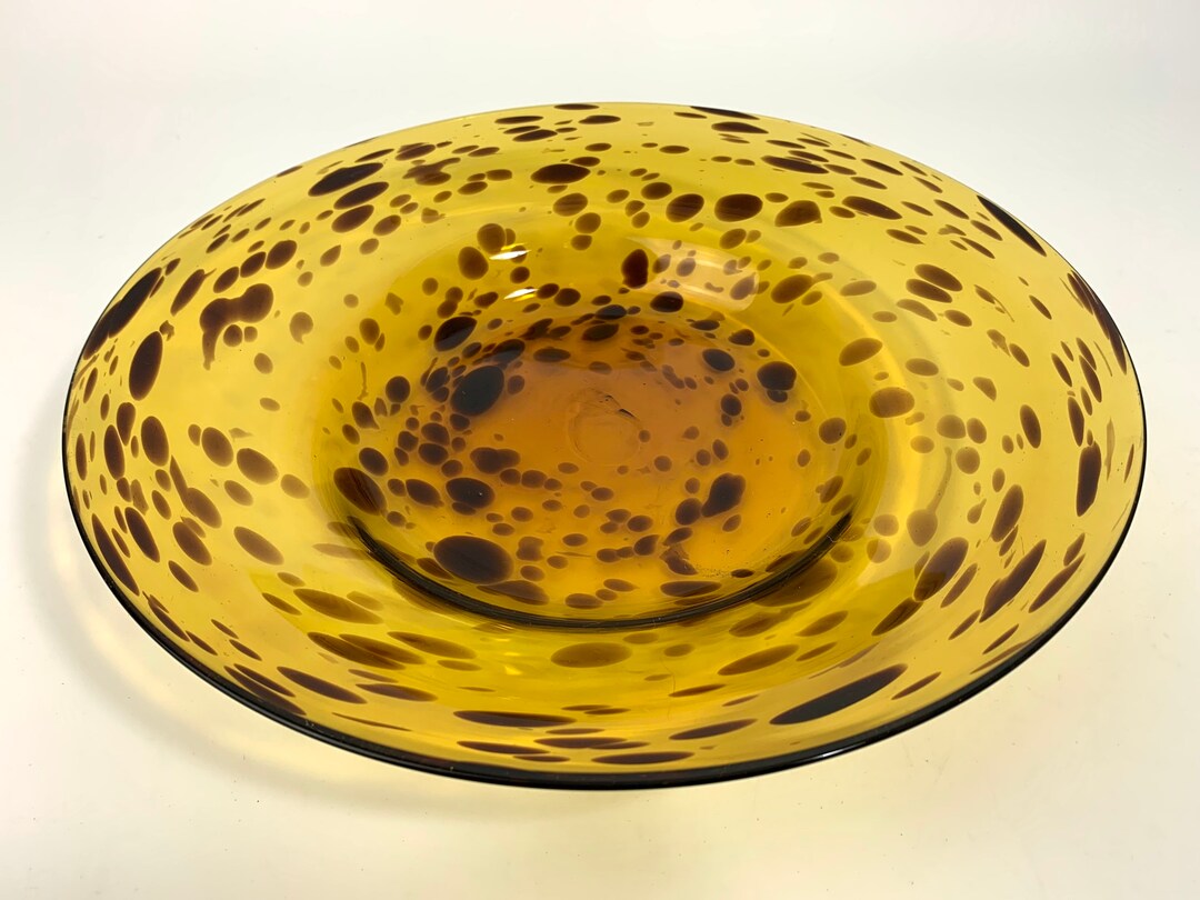 Large Round Tortoise Shell Glass Bowl Plate Dish Vintage Brown Spotted ...