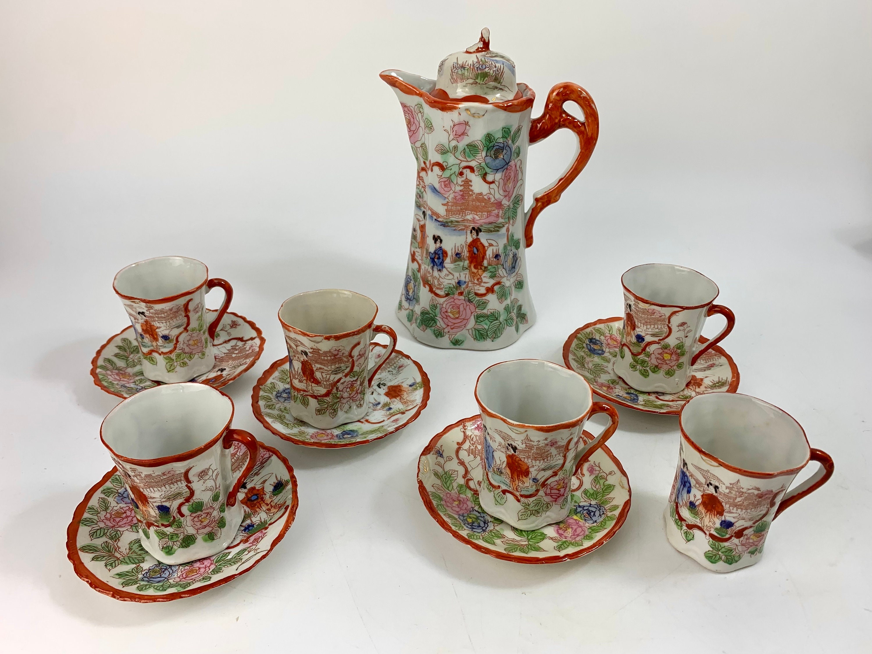 Vintage Red Geisha Girl Tea Set: Japan Ceramic Porcelain, Floral Design ...