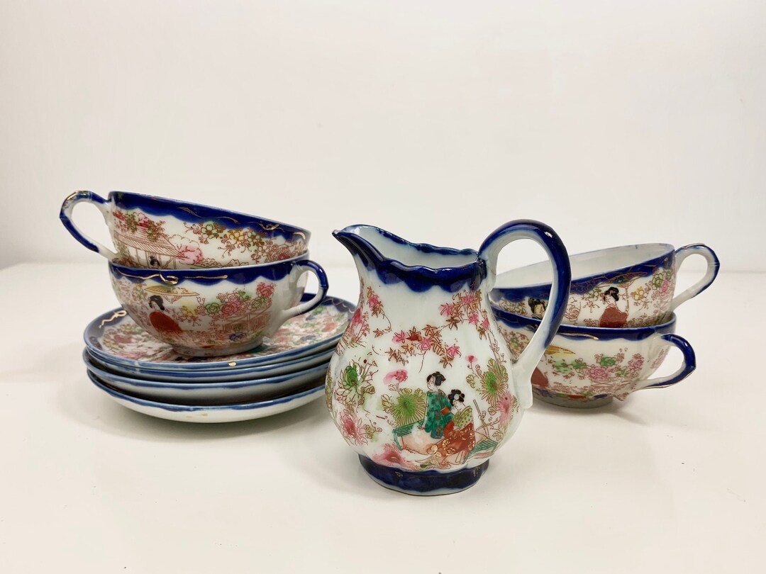 Vintage Red Blue Geisha Girl Tea Cups Saucer Dish Plate Creamer Japan ...