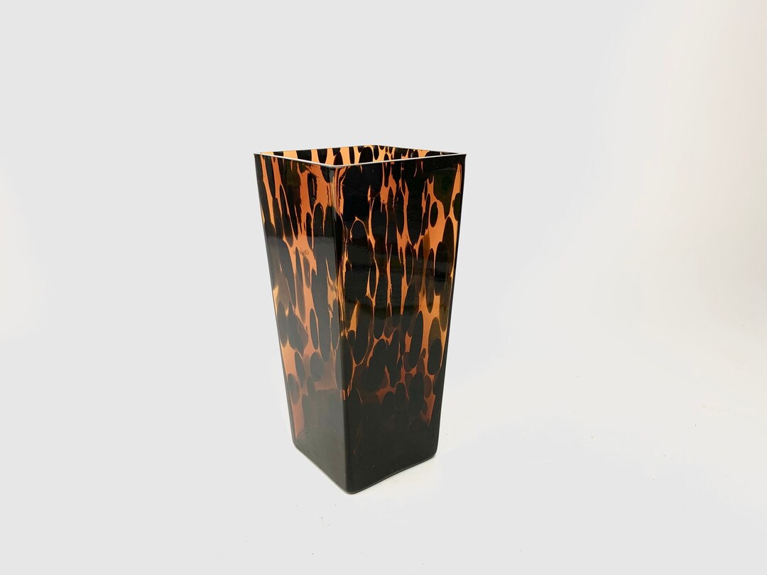 Square Shaped Tortoise Shell Glass Vase Vintage Flower Floral Brown ...