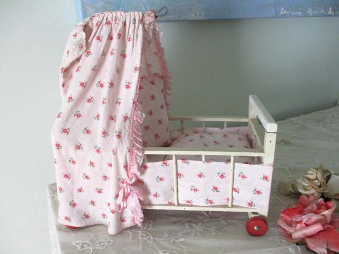 Vintage German Doll Bed Crib Cot Wooden W/ Canopy on Wheels 11 Inches ...