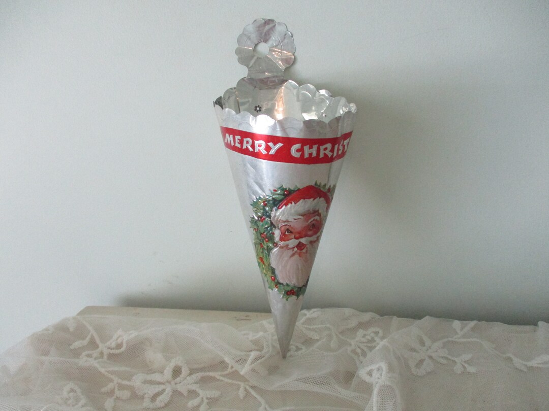 Vintage Christmas Cornucopia Decoration With Santa Claus Aluminum C1950 ...
