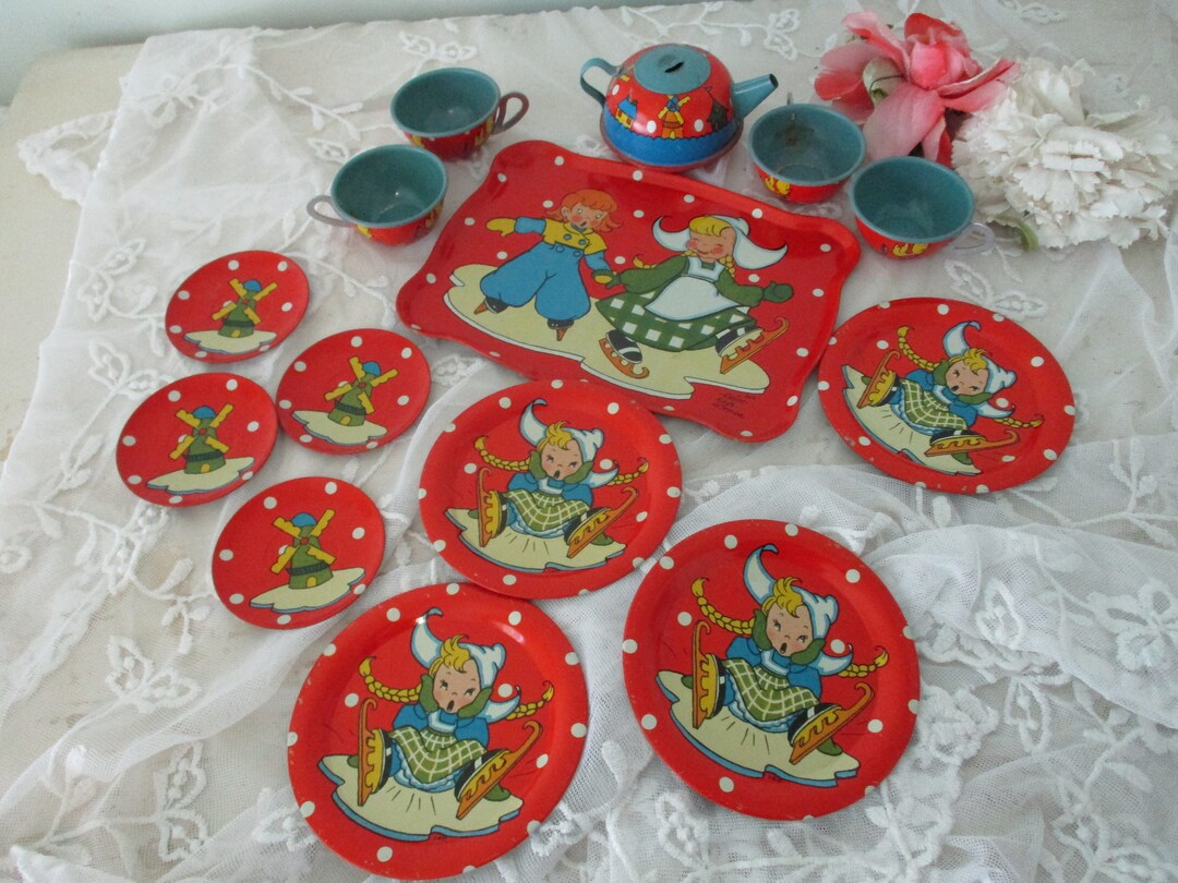 Vintage Tin Metal Toy Tea Set for Children Dutch Kids Windmills Ice ...