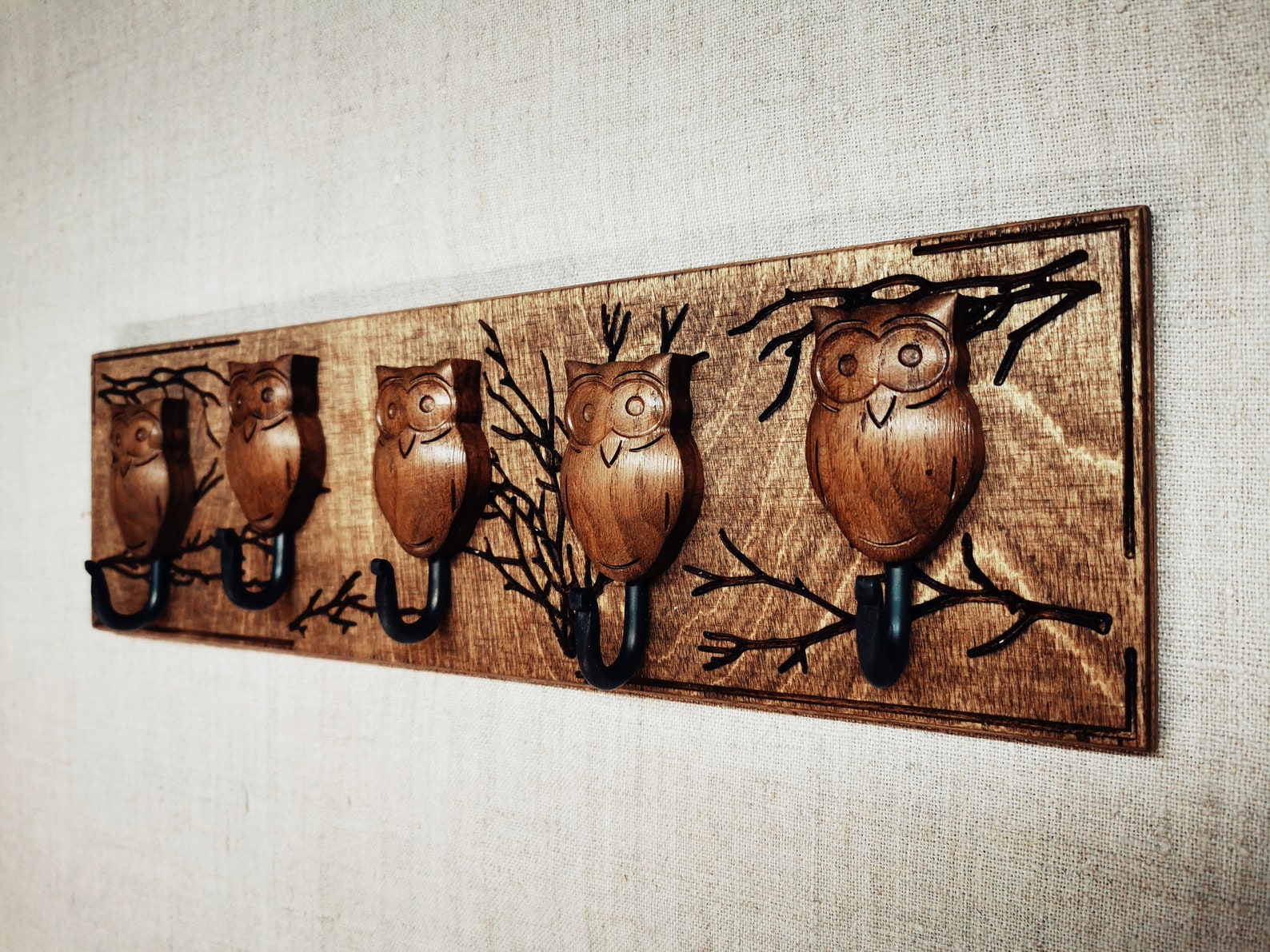 Wooden Wall Mount Coat Rack Owl's Hill With 5 Hooks - Etsy