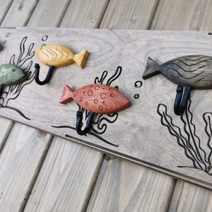 Colorful and Playful Wooden Wall Mount Coat Rack Fish Tank With 5 Hooks ...