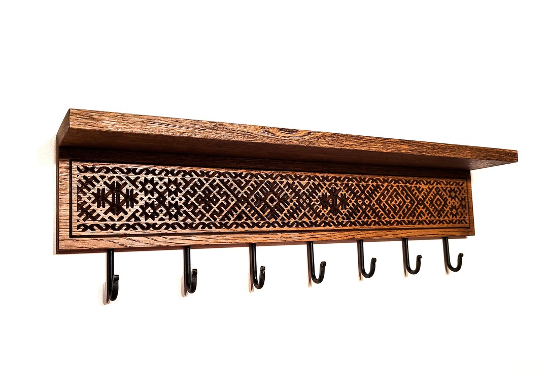 Ornate Wall-mounted Oak Coat Rack With Shelf & Etno Carving – 5, 7, or ...
