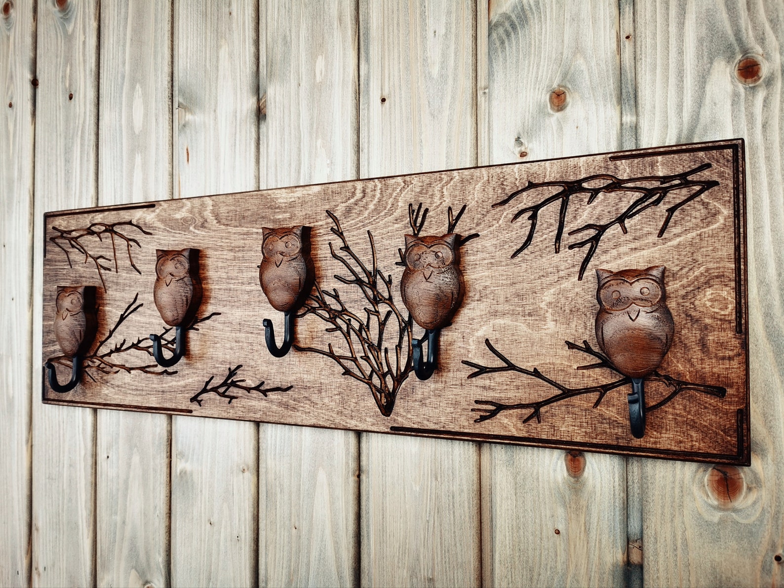Wooden Wall Mount Coat Rack Owl's Hill With 5 Hooks - Etsy
