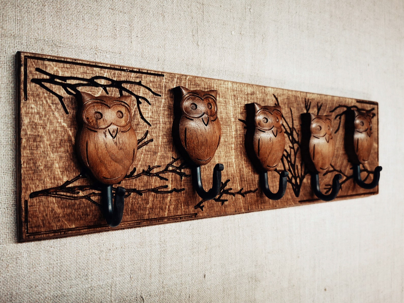 Wooden Wall Mount Coat Rack Owl's Hill With 5 Hooks - Etsy