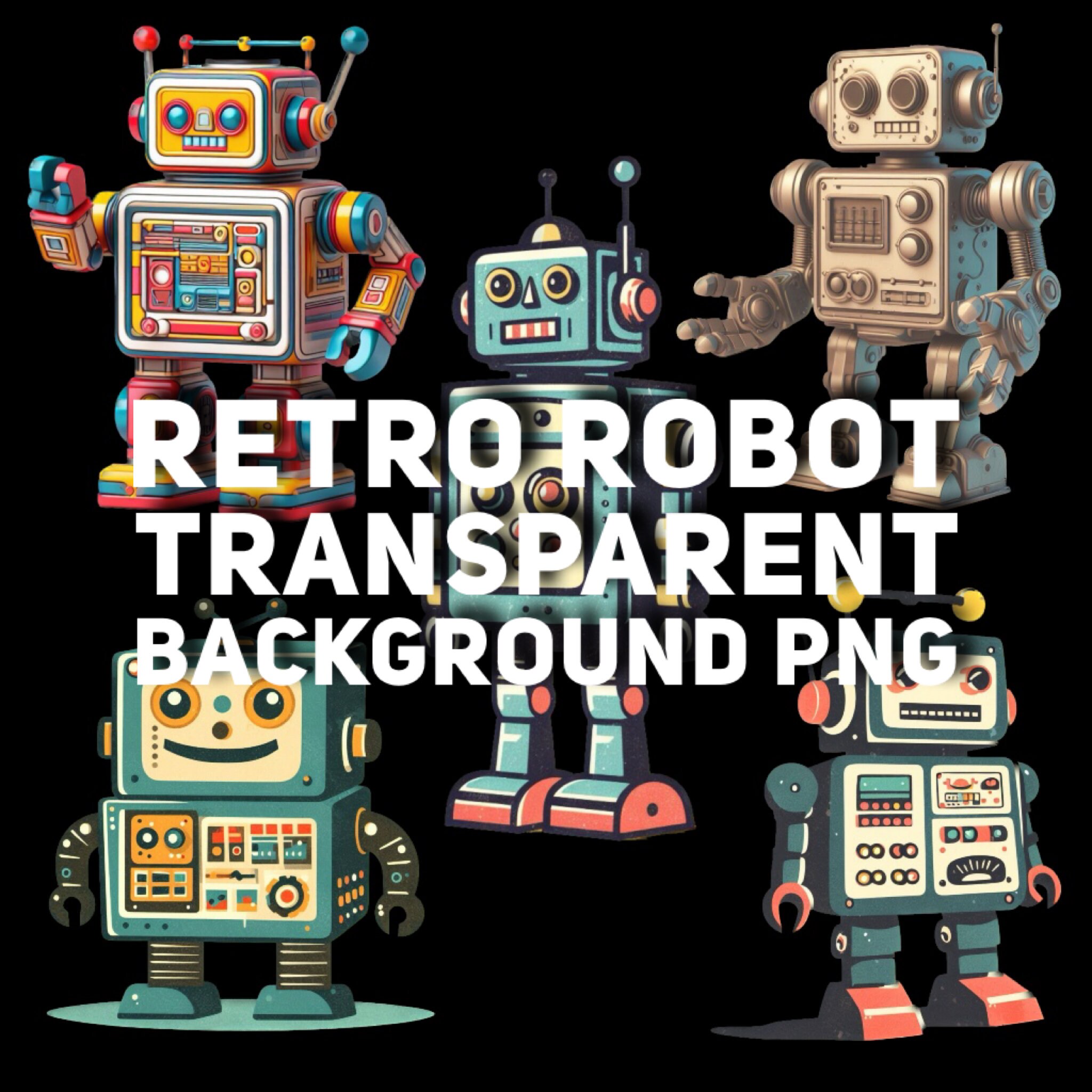 5 Different Retro Robot Png's With a Transparent Background, Digital ...