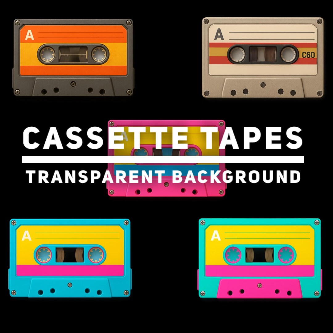 5 Retro Cassette Tape Pack PNG Files | Transparent Background ...